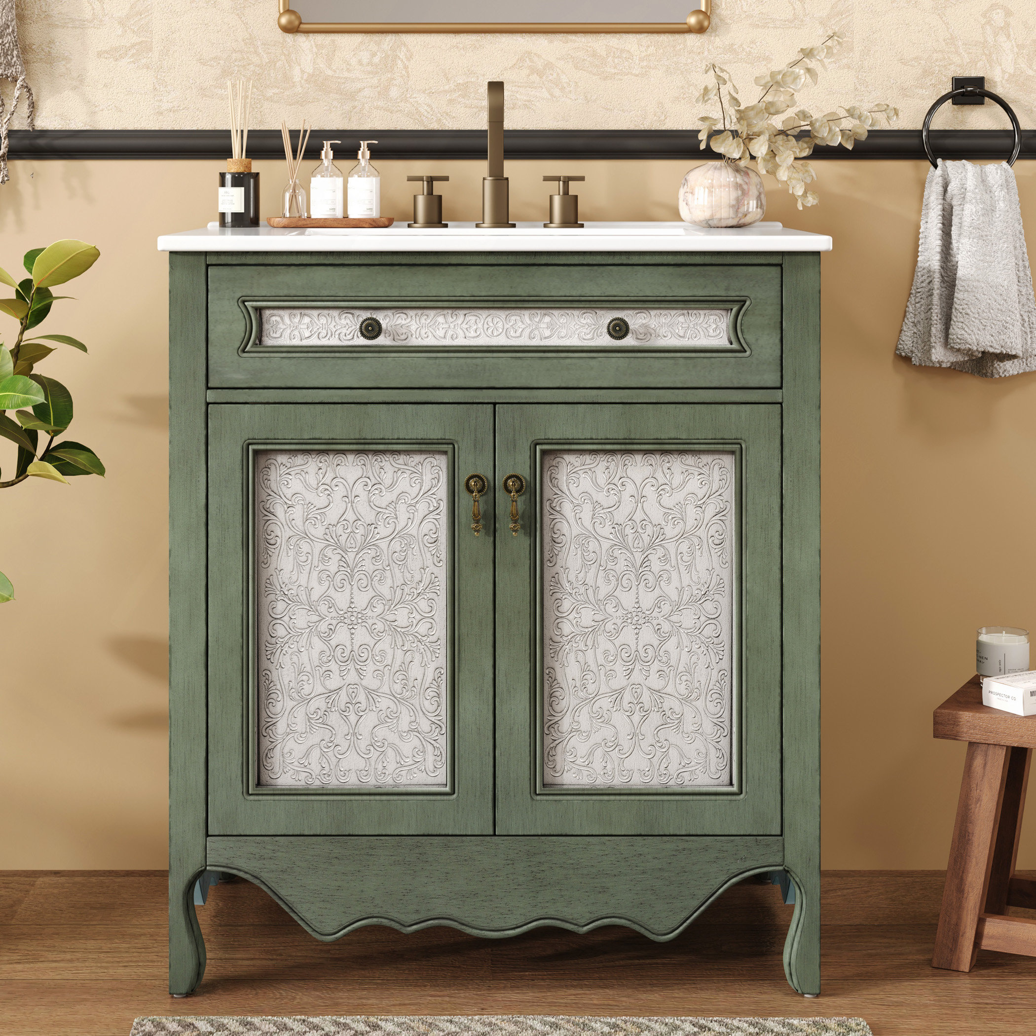 MIAMI CUSTOM FURNITURE & UPHOLSTERY LLC 30" Antique Pattern Bathroom Vanity With Rectangle ...
